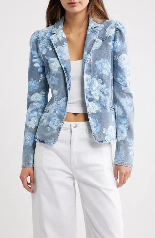 TRACTR Floral Puff Sleeve Denim Jacket - Indigo