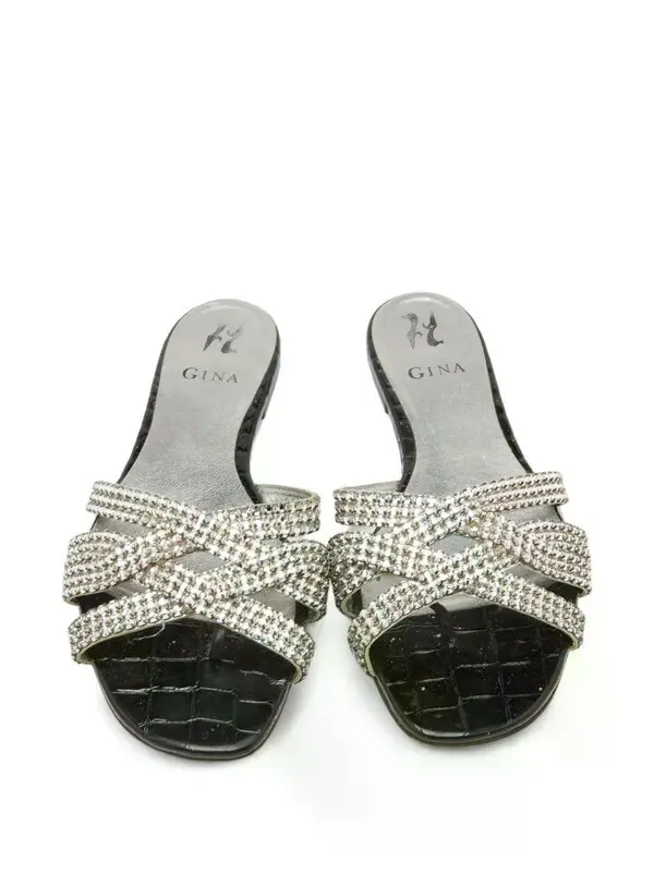 GINA Croc-embossed Crystal-embellished Flat Sandals