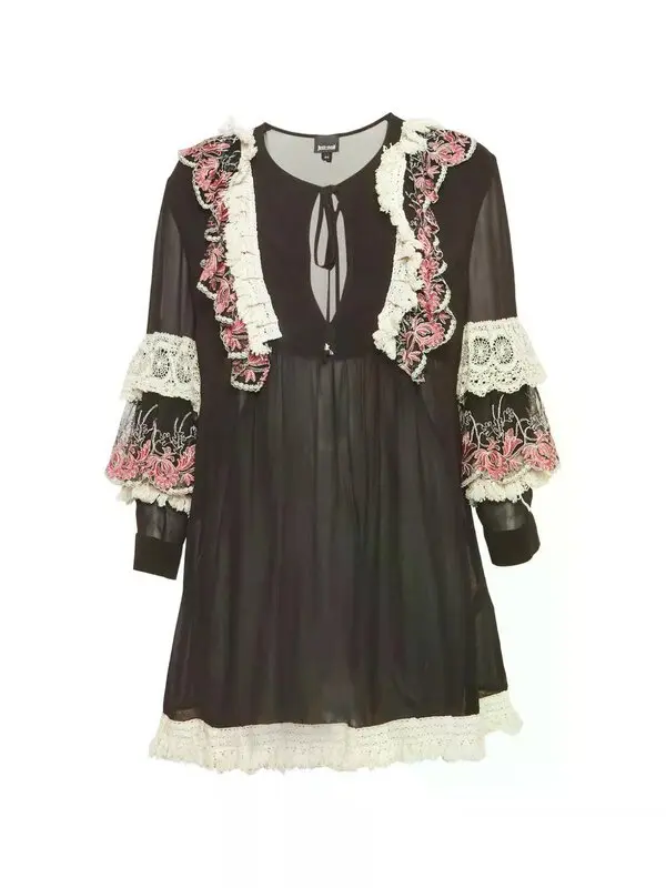 Just Cavalli Lace-detail Midi Dress With Floral Embroidery - Black
