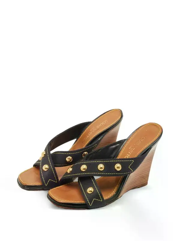 LOUIS VUITTON Studded Cross-strap Wedge Sandals - Black