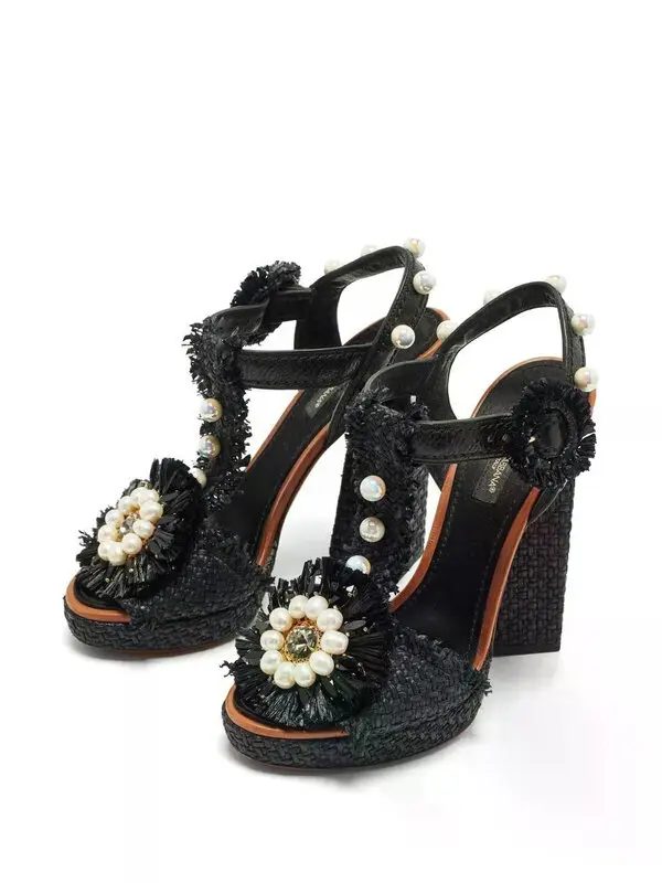 Dolce & Gabbana Raffia Faux-pearl Embellished T-strap Platform Sandals - Black