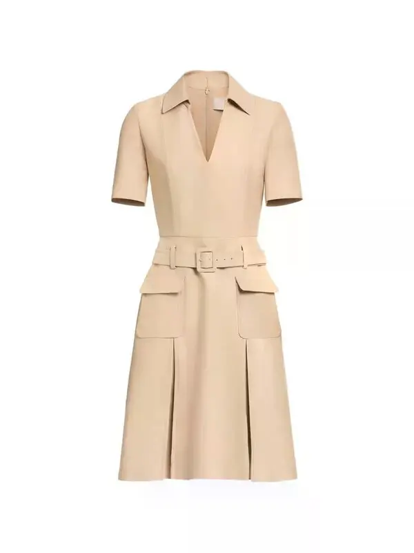 Elie Saab Belted Pleated Day Dress - Neutrals