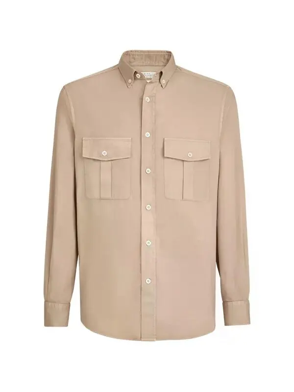 Brunello Cucinelli Garment-dyed Easy Fit Shirt In Cotton Twill With Chest Pockets And Button-down Collar - Neutrals