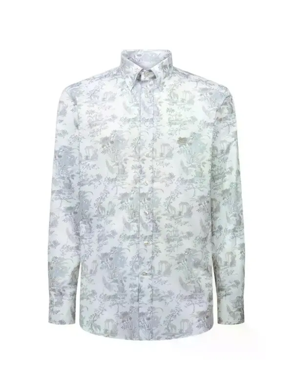 Etro Stretch Cotton Button-down Shirt With Flower And Animal-motif - White