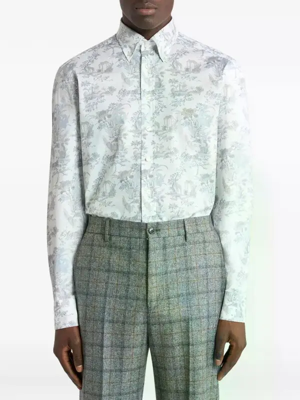 Etro Stretch Cotton Button-down Shirt With Flower And Animal-motif