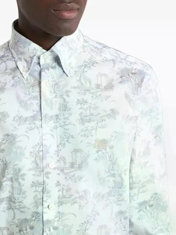 Etro Stretch Cotton Button-down Shirt With Flower And Animal-motif