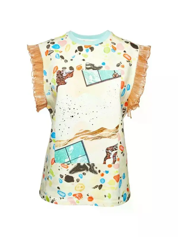 LOUIS VUITTON Abstract-print Plissé-trim T-shirt - Neutrals