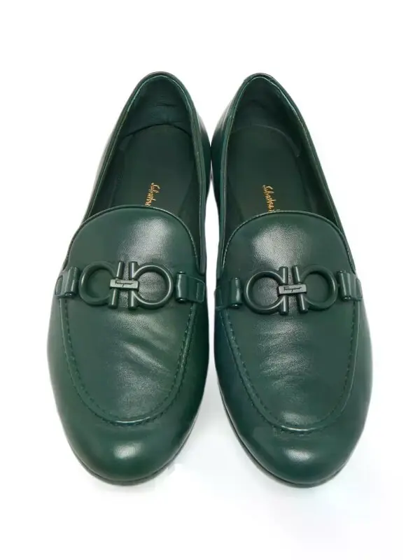 FERRAGAMO Trifoglio Leather Loafers With Gancini Plaque - Green