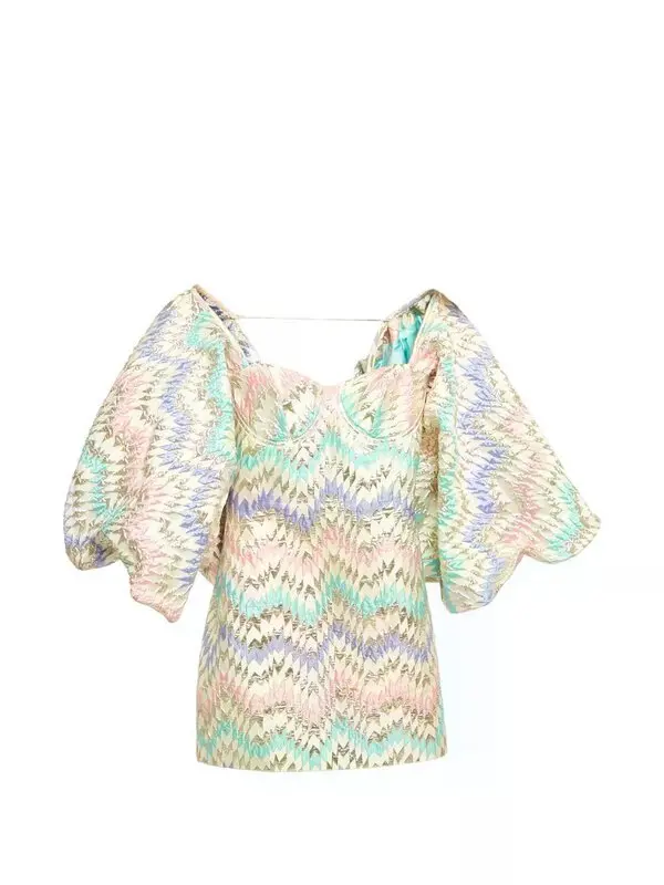 424 Chevron Jacquard Mini Dress With Puff Sleeves - Neutrals