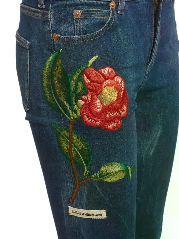 Gucci Floral-embroidered Belt-loop Jeans - Blue