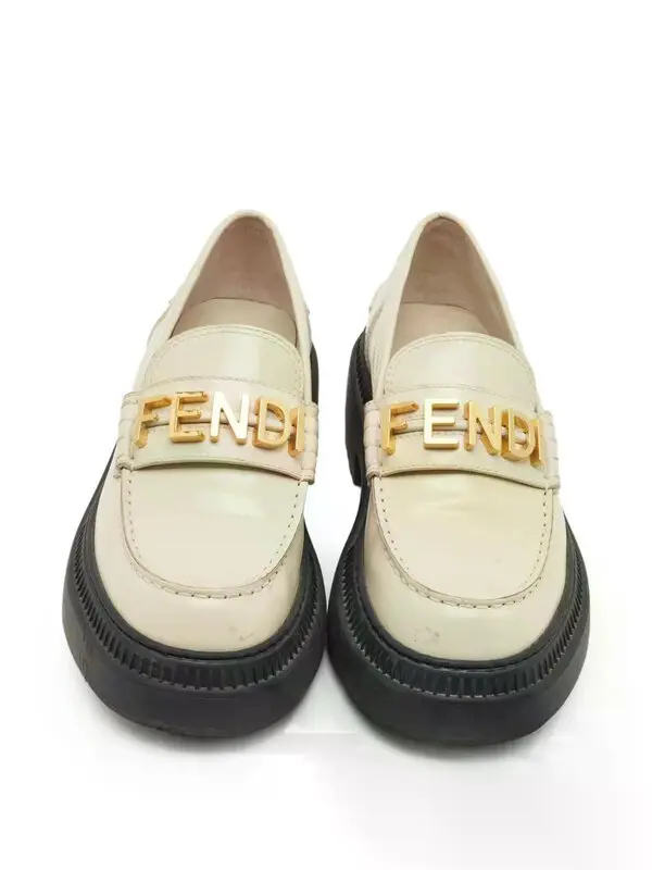 Fendi Cream Gold-tone Logo Platform Loafers