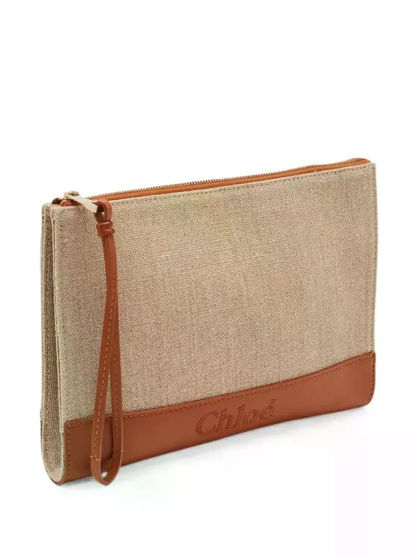 Chloé Sense Wristlet Pouch In Beige Canvas And Calf Leather