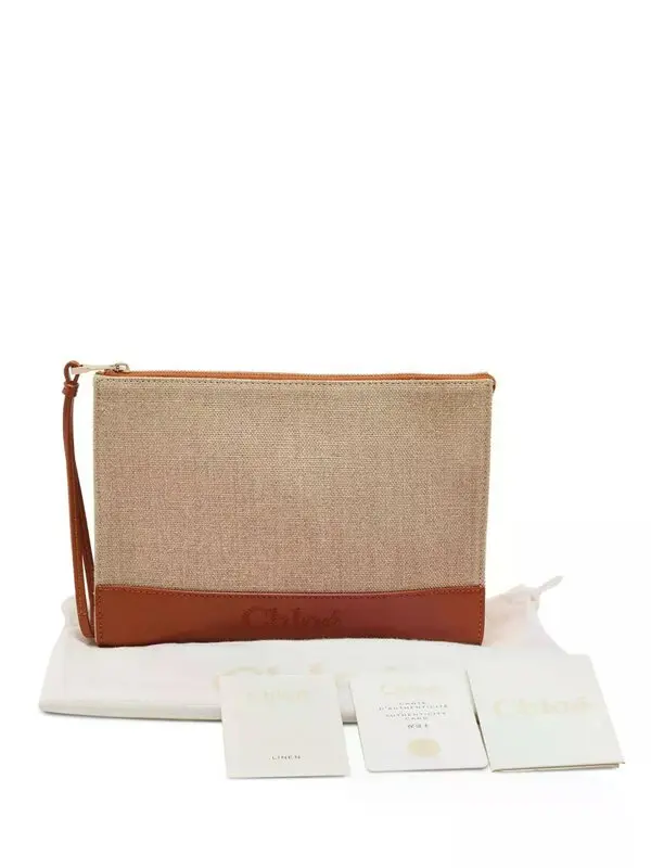 Chloé Sense Wristlet Pouch In Beige Canvas And Calf Leather