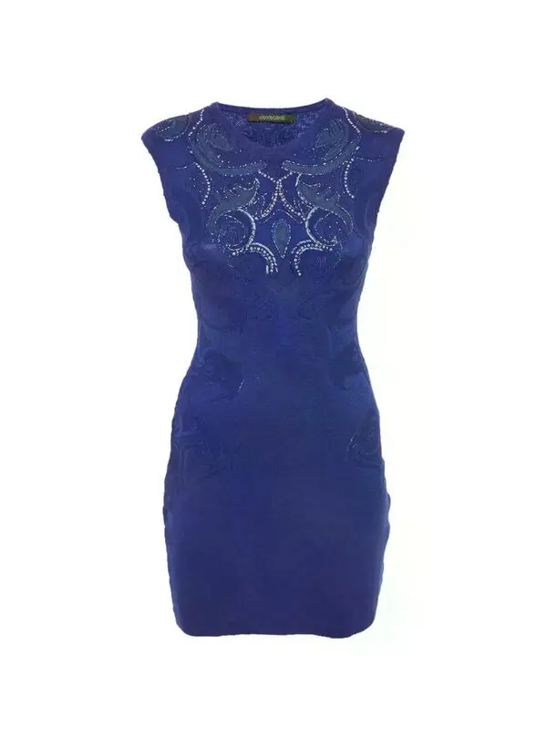 Roberto Cavalli Embroidered Stretch-knit Mini Dress - Blue