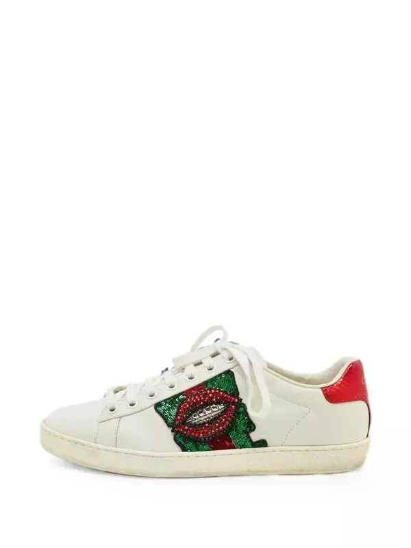 Gucci Ace Crystal-lips Lace-up Leather Sneakers - White