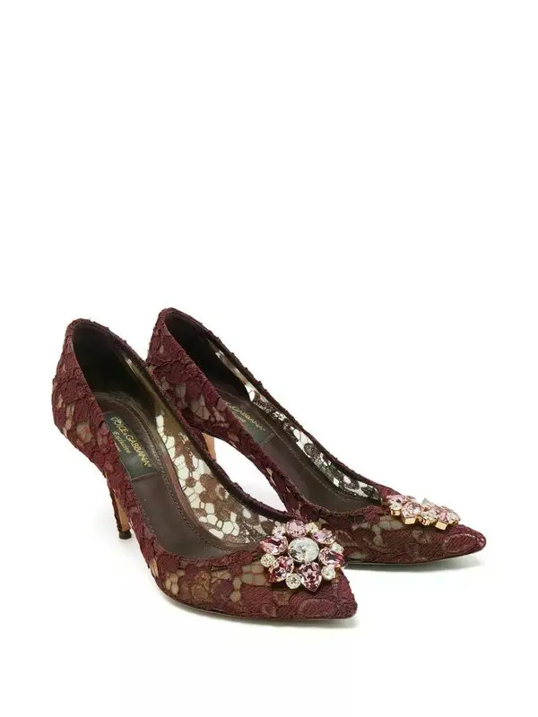 Dolce & Gabbana Burgundy Floral Lace Crystal Embellished Pointed Toe Pumps