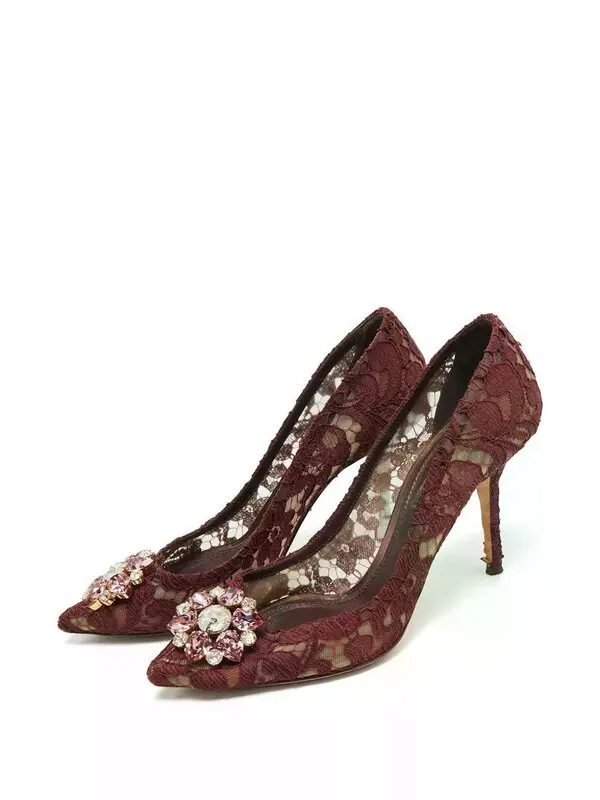 Dolce & Gabbana Burgundy Floral Lace Crystal Embellished Pointed Toe Pumps