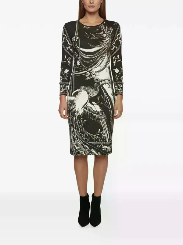 Roberto Cavalli Graphic-print Long-sleeve Midi Dress - Black