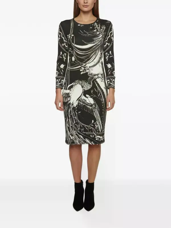 Roberto Cavalli Graphic Print Long Sleeve Midi Dress - Black