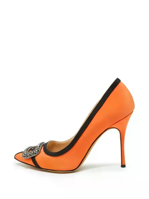 Manolo Blahnik Leather Crystal Buckle Pumps - Orange