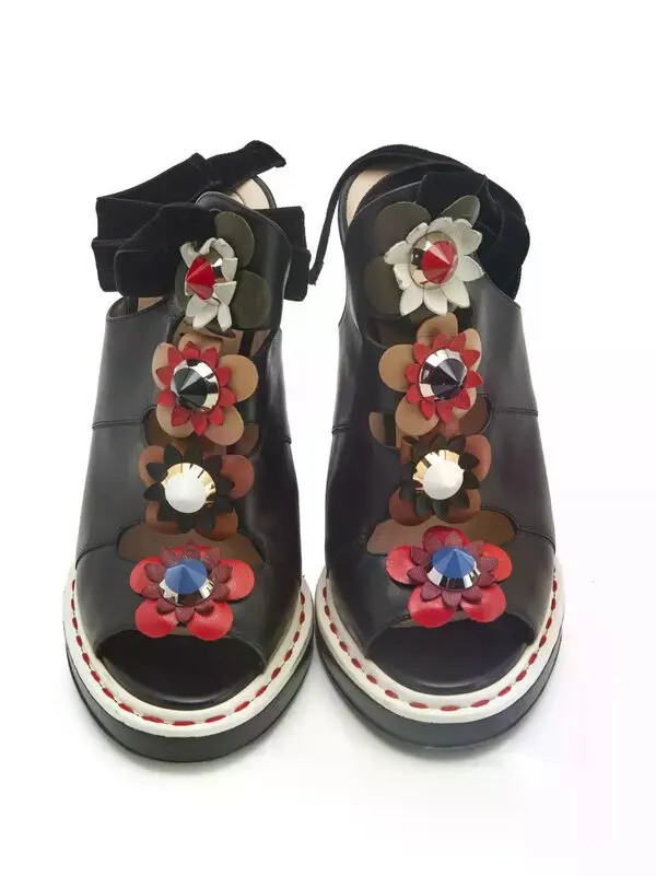 Fendi Leather Floral Appliqué Ankle Strap Sandals