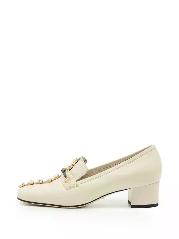 Gucci Crystal Embellished Leather Block Heel Loafer Pumps