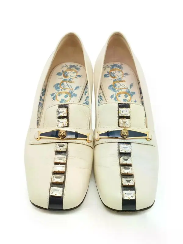 Gucci Crystal Embellished Leather Block Heel Loafer Pumps