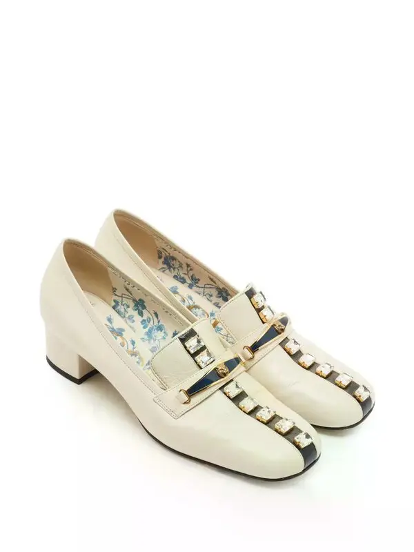 Gucci Crystal Embellished Leather Block Heel Loafer Pumps