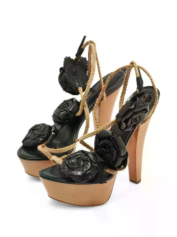 LOUIS VUITTON Floral Appliqué Rope Strap Platform Block Heel Sandals