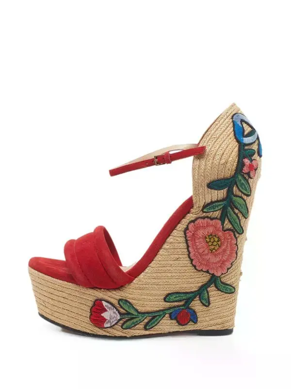 Gucci Floral-embroidered Wedge Sandals - Neutrals