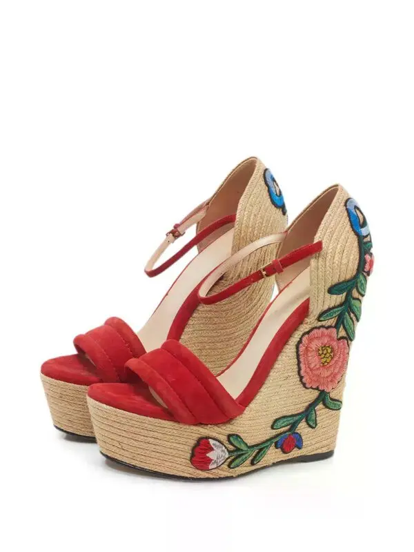 Gucci Floral-embroidered Wedge Sandals