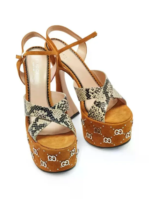 Gucci Interlocking G Snakeskin-effect Heeled Suede Sandals - Brown