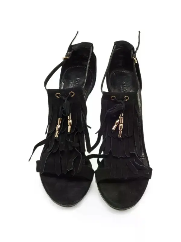 Gucci Suede Fringe Bow Detail High Heel Sandals