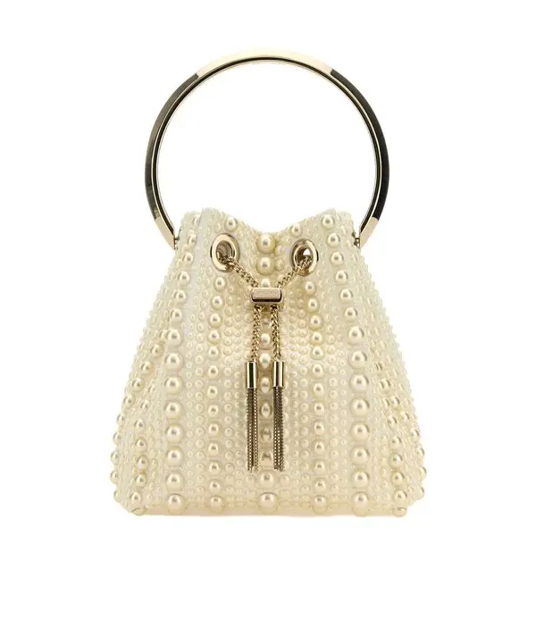 JIMMY CHOO Embellished Drawstring Bucket Bag - Nude