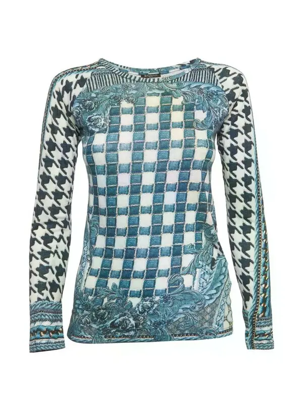 Balmain Cotton Checkered Crew Neck Long Sleeve Top