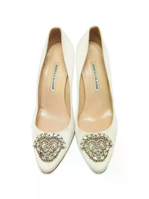 Manolo Blahnik Satin Crystal Embellished Pointed Toe Pumps