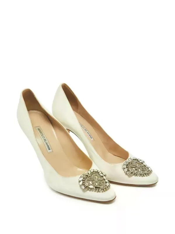 Manolo Blahnik Satin Crystal Embellished Pointed Toe Pumps