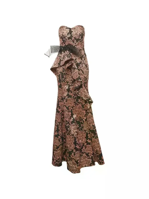Badgley Mischka Strapless Ruffled Maxi Gown