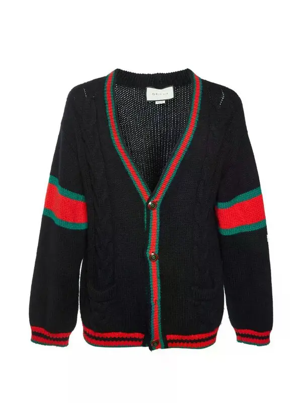 Gucci Wool Cable Knit V-neck Cardigan With Web Stripe