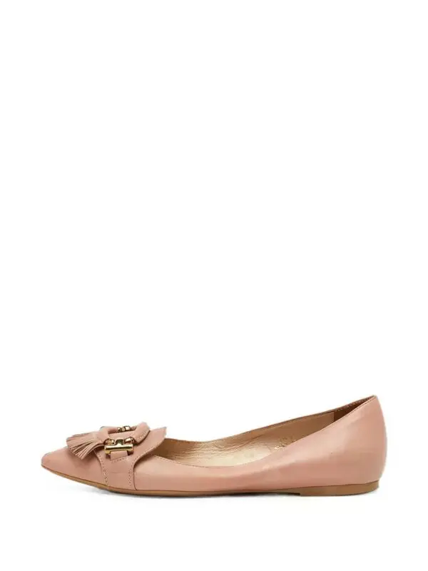 TOD'S Beige Leather Fringe Detail Pointed Toe Ballet Flats