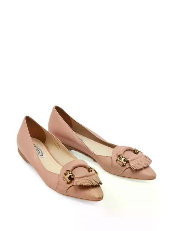 TOD'S Beige Leather Fringe Detail Pointed Toe Ballet Flats