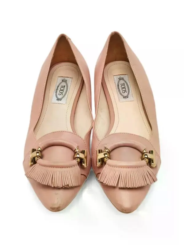 TOD'S Beige Leather Fringe Detail Pointed Toe Ballet Flats