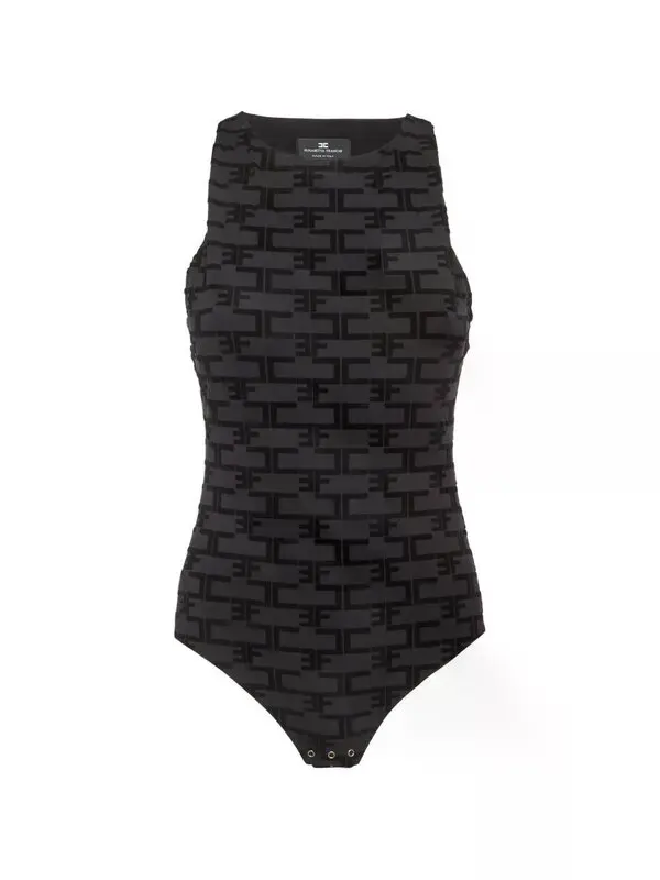 Elisabetta Franchi Black Stretch Knit Flocked Logo Bodysuit