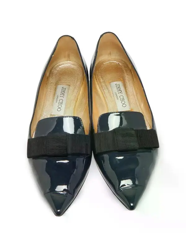 JIMMY CHOO Navy Patent Leather Bow Detail Pointed Toe Ballet Flats