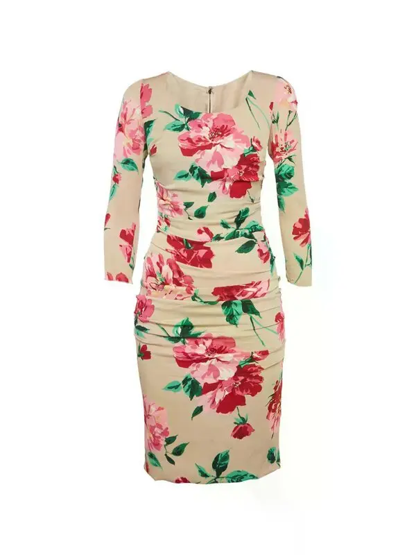 Dolce & Gabbana Beige Floral Print Ruched Midi Dress