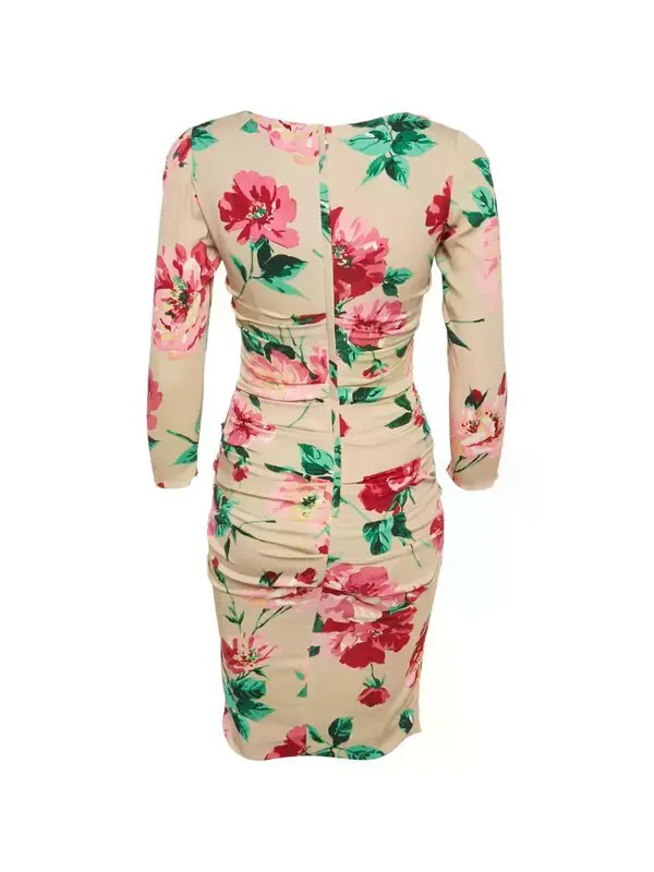 Dolce & Gabbana Beige Floral Print Ruched Midi Dress