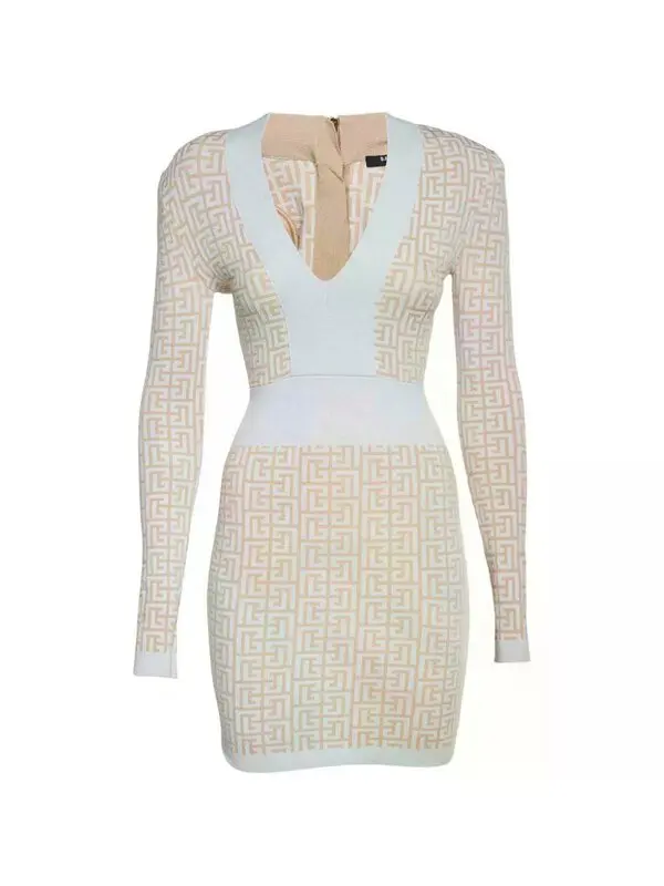 Balmain Monogram Jacquard V-neck Dress