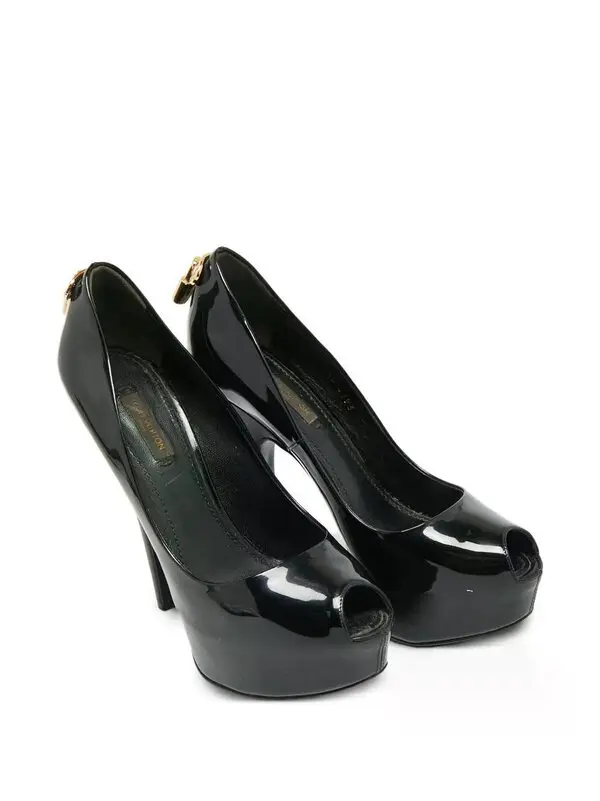 LOUIS VUITTON Patent Leather Peep-toe Pumps With Gold-tone Hardware - Black