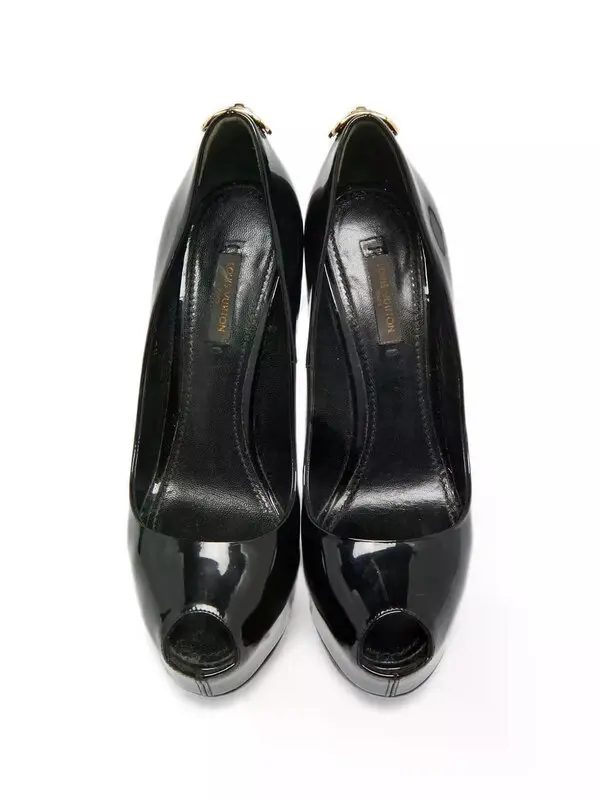 LOUIS VUITTON Patent Leather Peep-toe Pumps With Gold-tone Hardware - Black