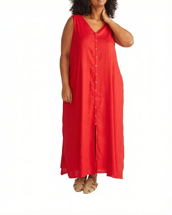 Universal Standard Plus Islet Button-down Linen Maxi Dress - Ruby Red